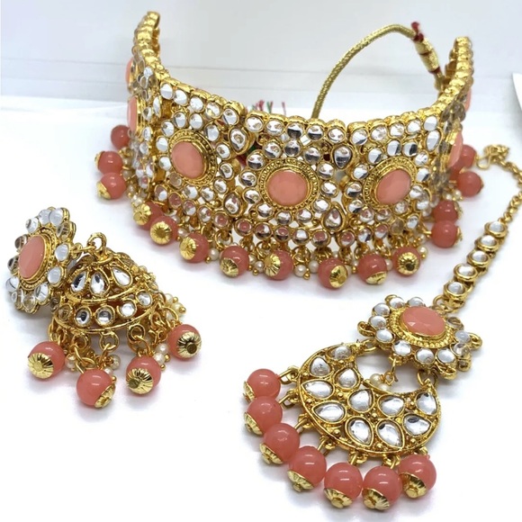 Jewelry | Choker Earrings Tikka Set Pink With Golden Color | Poshmark